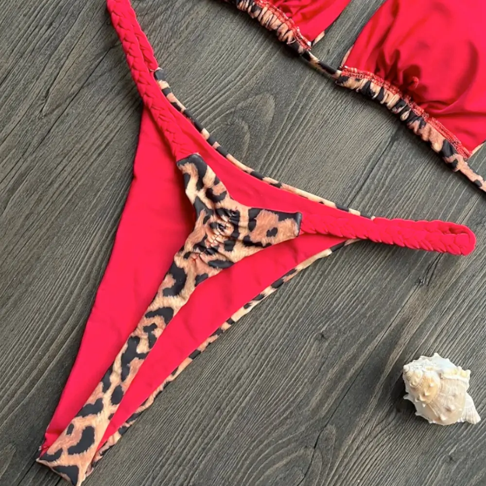 High Waist Brazilian Thong Bikini Swimsuit Set - Leopard Red ...